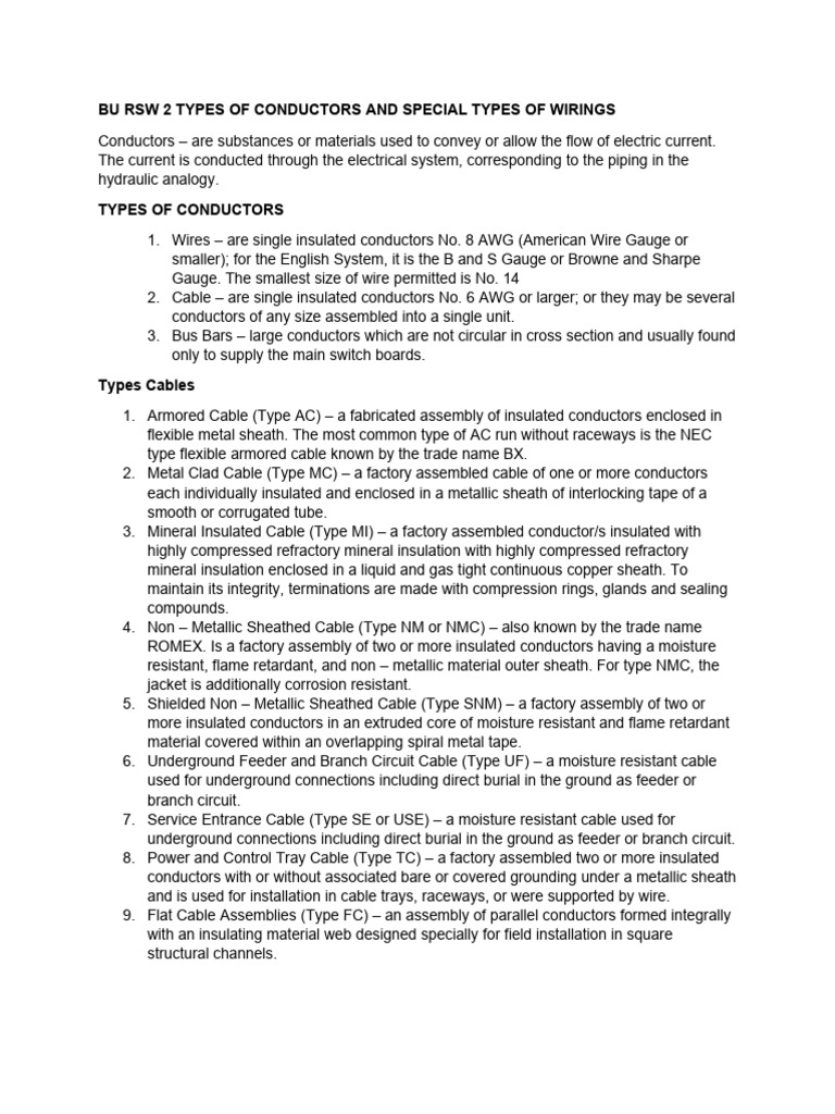 Bu RSW 2 Types of Conductors and Special Types of Wirings | PDF ...