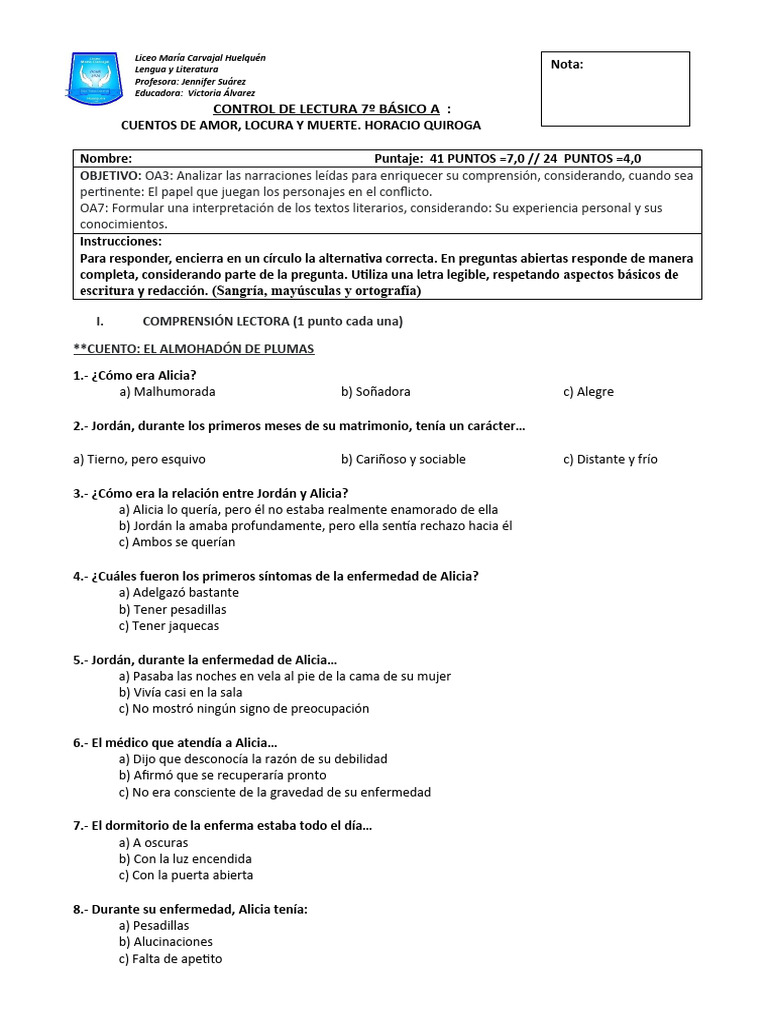 CONTROL DE LECTURA Almohadon de Plumas | PDF | Narración | Cuentos