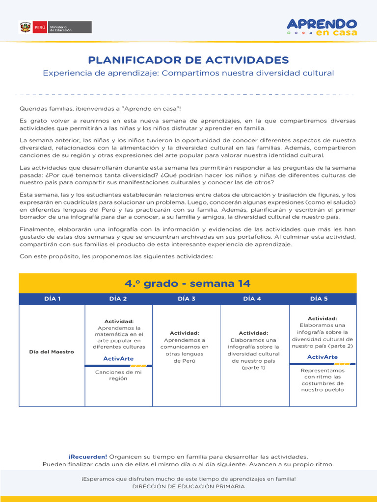 Planificador de Actividades: Experiencia de Aprendizaje: Compartimos Nuestra Diversidad Cultural ...