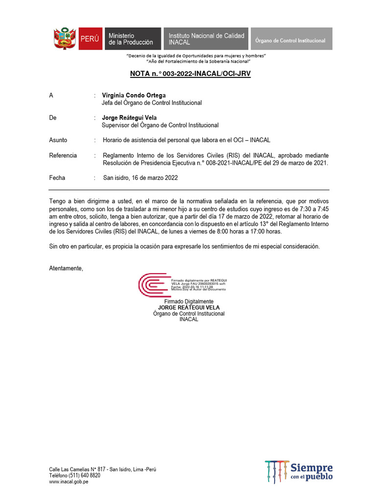 Nota N.º 003-2022-INACAL Horario Ingreso OCI | PDF