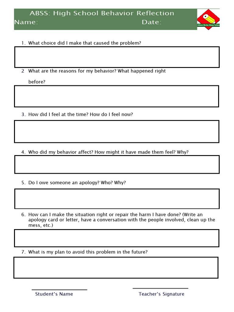 High School Behavior Reflection Sheet 2023 | PDF