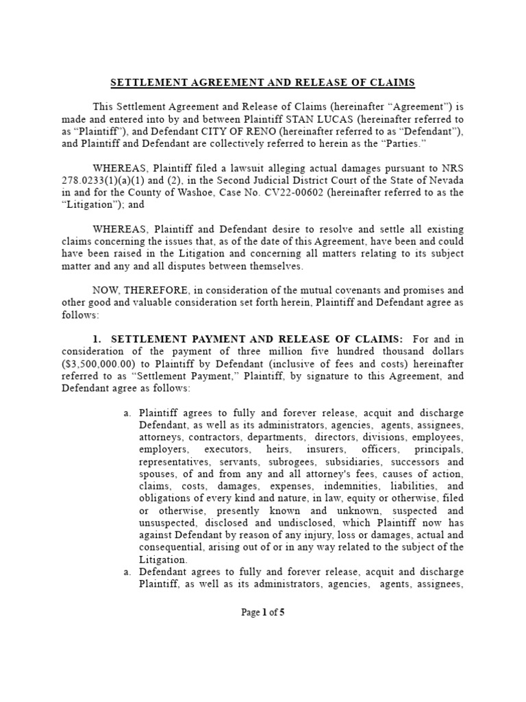 Proposed Stan Lucas Settlement Agreement | PDF | Lawsuit | Settlement ...