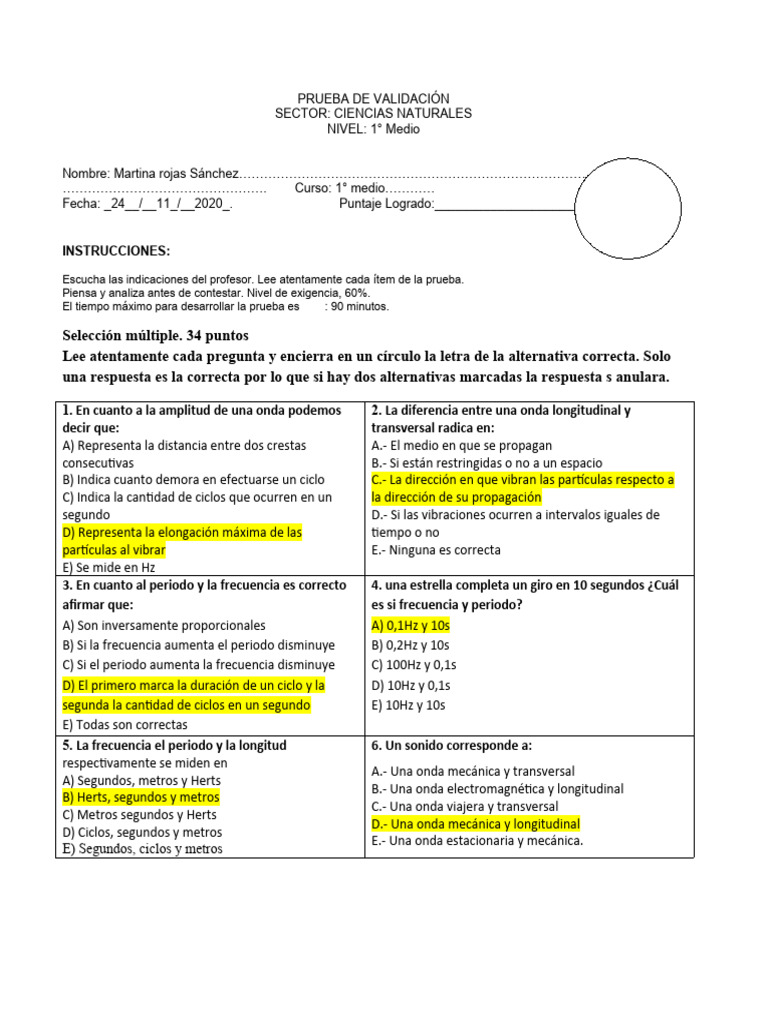 Prueba Validacion Ciencias Primero Medio | PDF | Olas | Sonido