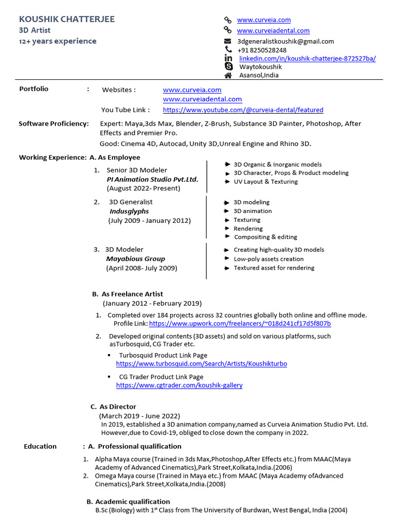 Koushik Chatterjee RESUME.. | PDF | 3 D Computer Graphics | 3 D Modeling