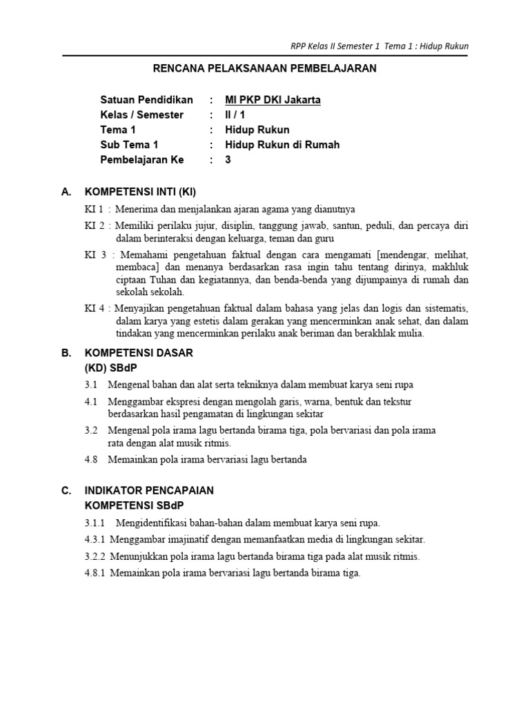 RPP SBDP Kelas 2 | PDF | Seni & Disiplin Bahasa | Kajian Bahasa Asing