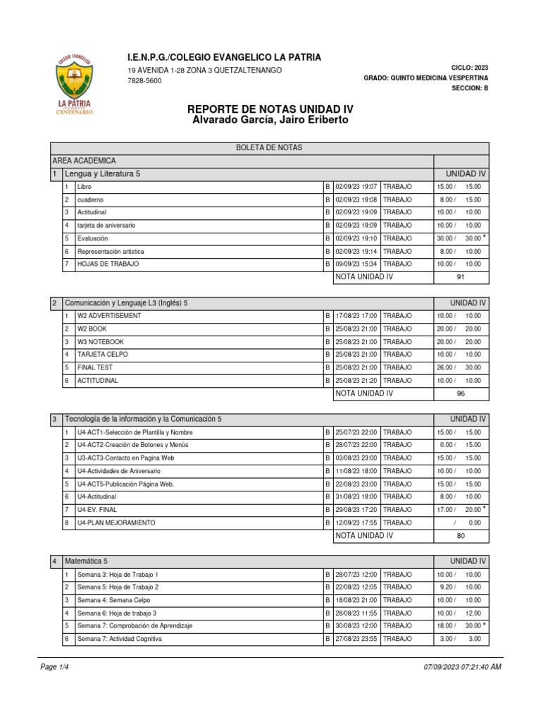 Reporte de Notas Quinto Grado 2023 | PDF
