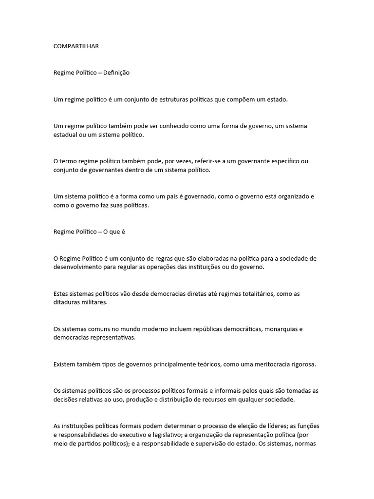 Tipos de Regimes Políticos e Definições | PDF | Democracia | Ideologias ...