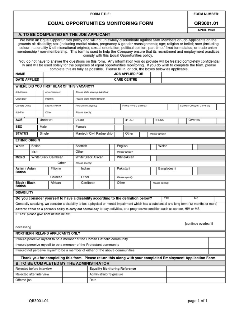 QR 3001.01 Equal Opportunities Monitoring Form | PDF | Equal ...