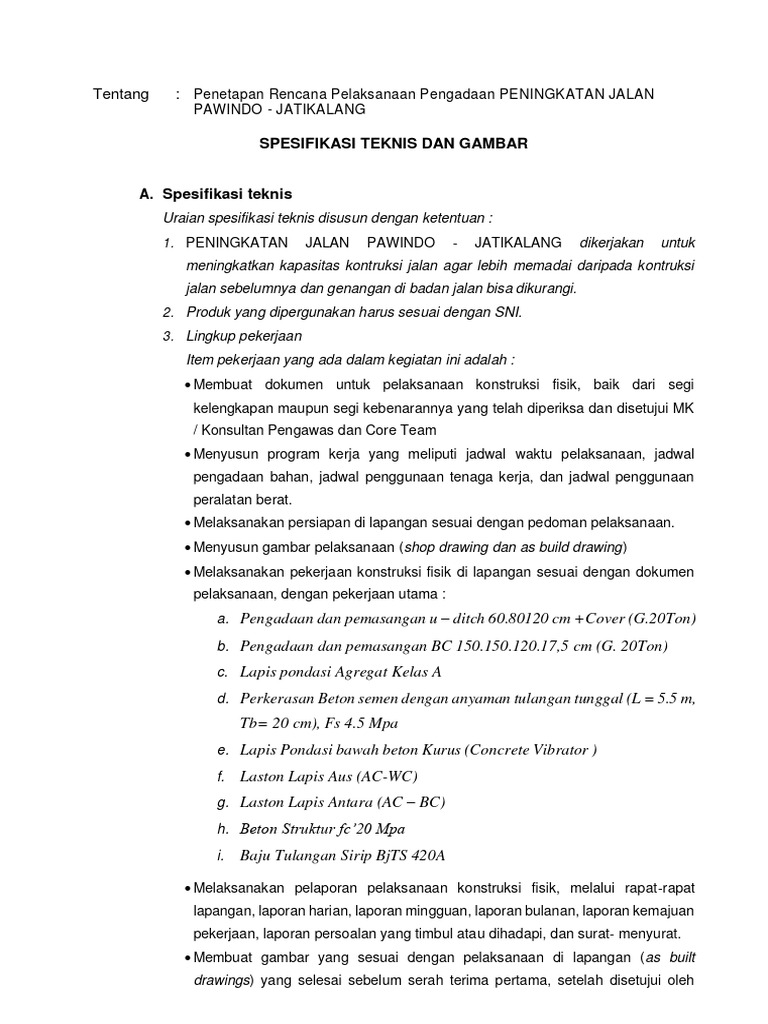 Spektek Peningkatan Jalan Pawindo Jatikalang | PDF