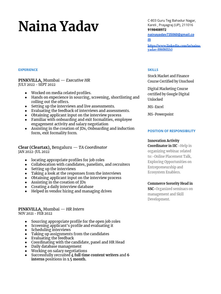 Naina Yadav - Resume 2 | PDF | Business | Economies
