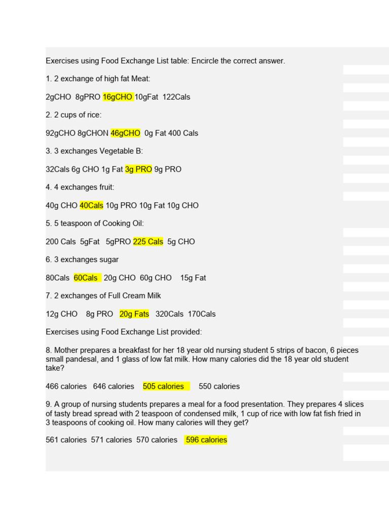 Food Exchange List Exercises and Analysis | PDF | Fat | Calorie
