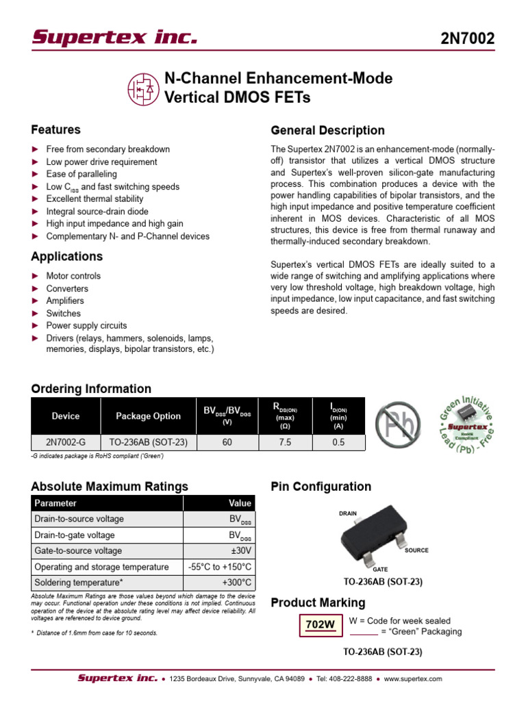 2N7002 N-Channel Enhancement-Mode Vertical Dmos Fets: Features General ...