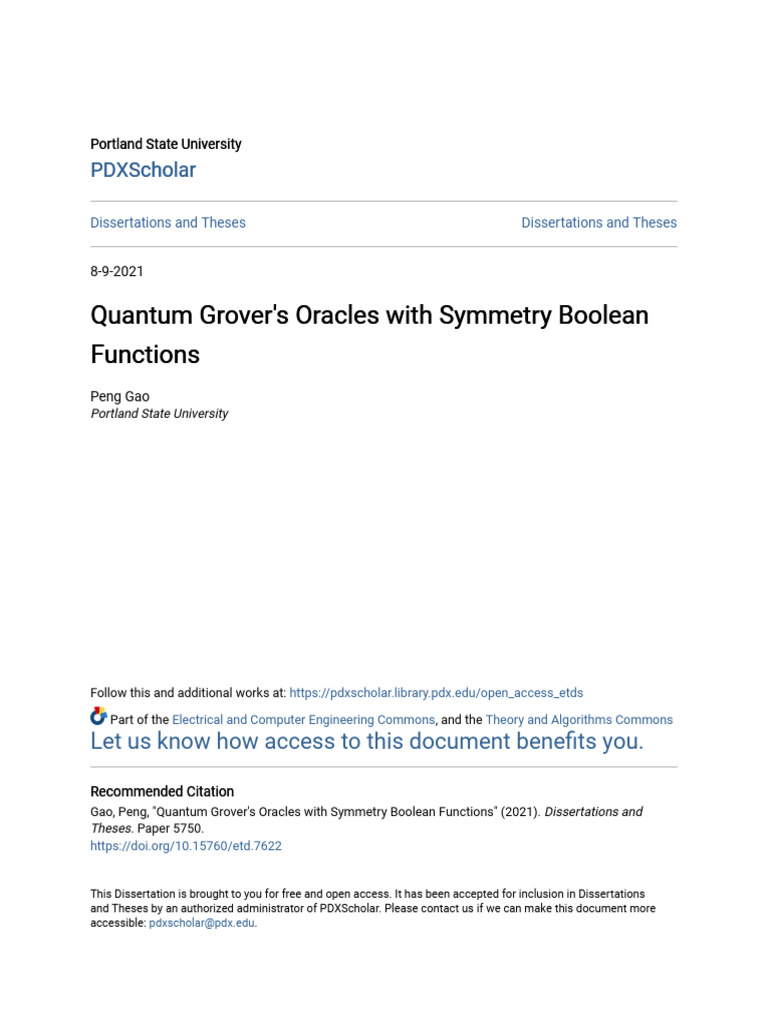 Quantum Grovers Oracles With Symmetry Boolean Functions Pdf Quantum Computing Mathematics