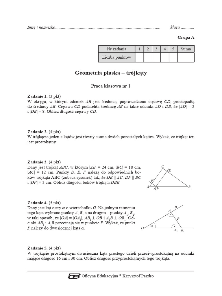Geometria Plaska Trojkaty Praca Klasowa 1 GR A Wersja PDF | PDF