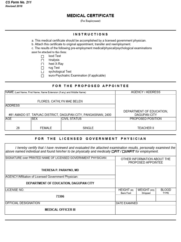 CS Form No. 211 Medical Certificate 3 | PDF | Physician | Health Sciences