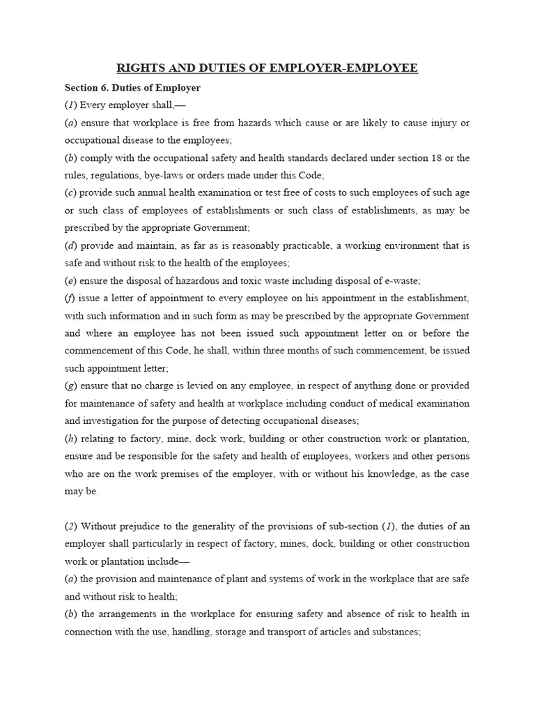 Rights and Duties of Employer-Employee | PDF | Occupational Safety And ...