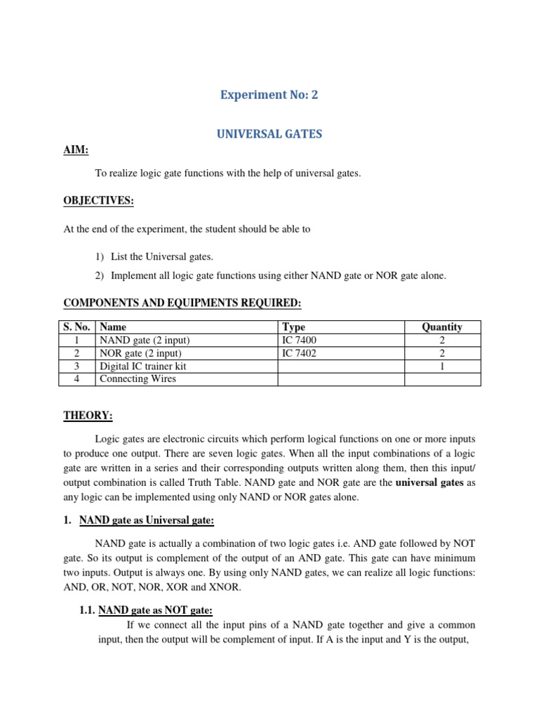 Experiment 2 Universal Gates Pdf Logic Gate Electronic Circuits