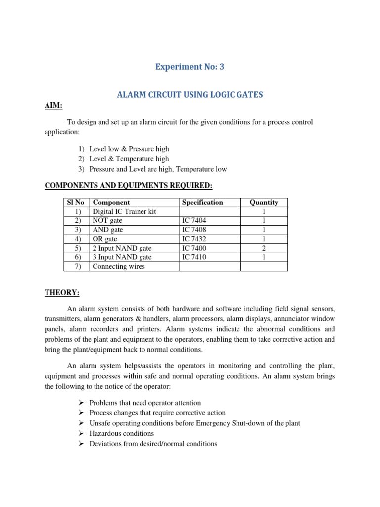 Experiment 3 - Alarm Circuit Using Logic Gates | PDF | Electronic ...