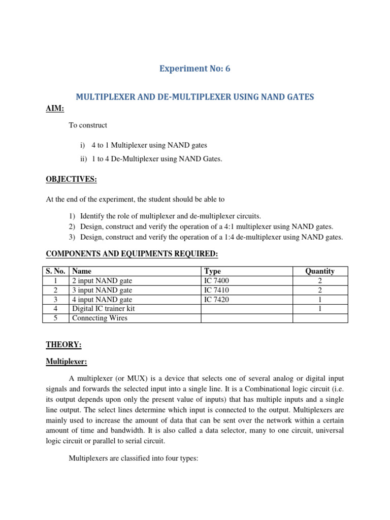 Experiment 6 - Multiplexer and Demultiplexer Using NAND Gates | PDF ...