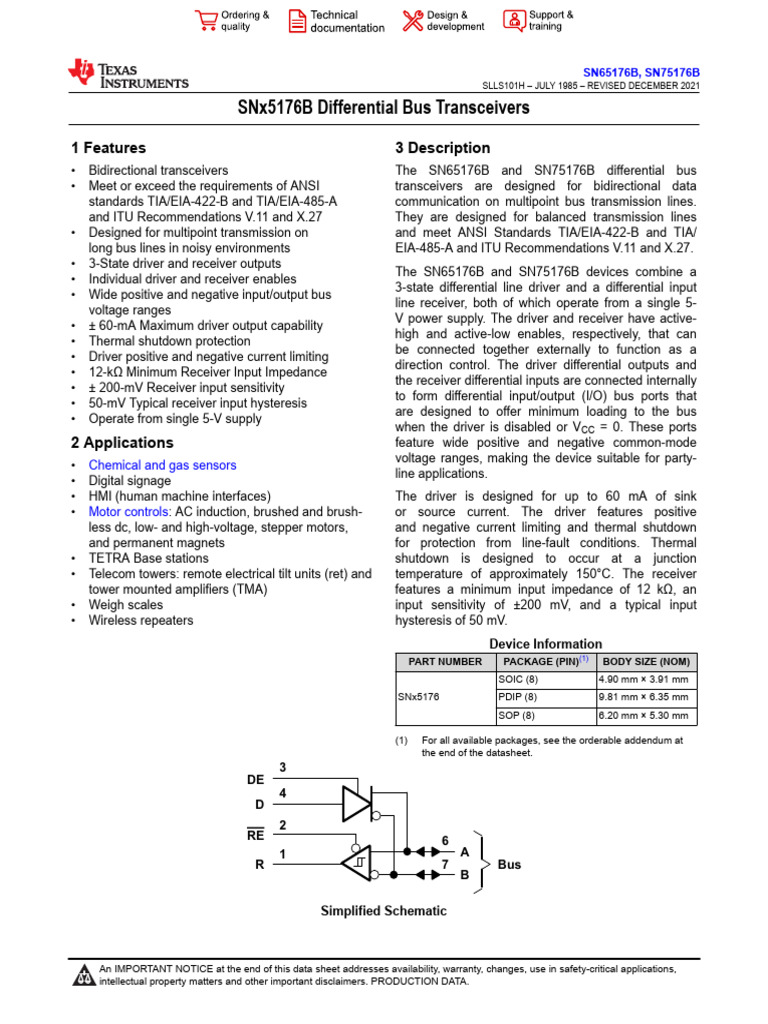 sn75176b Transceiver | PDF | Electrostatic Discharge | Power Supply