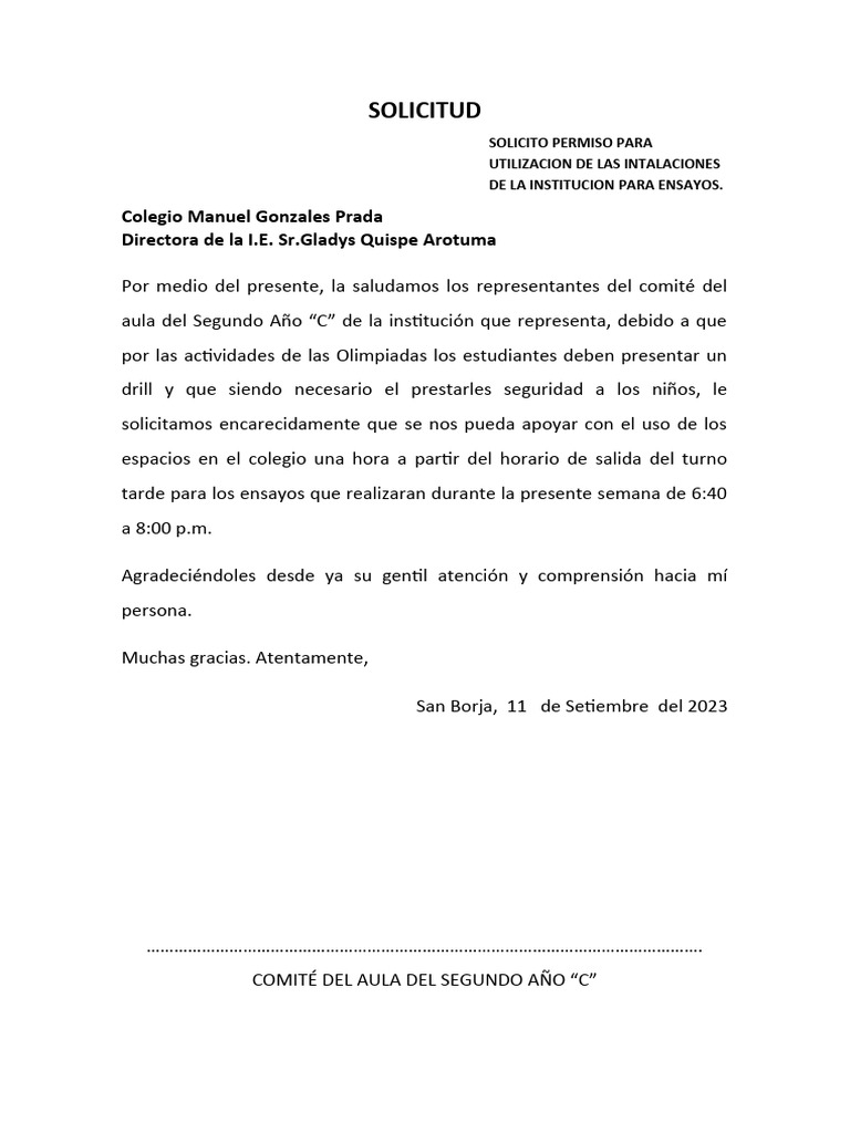 SOLICITUD COLEGIO Dril Comite Del Aula | PDF