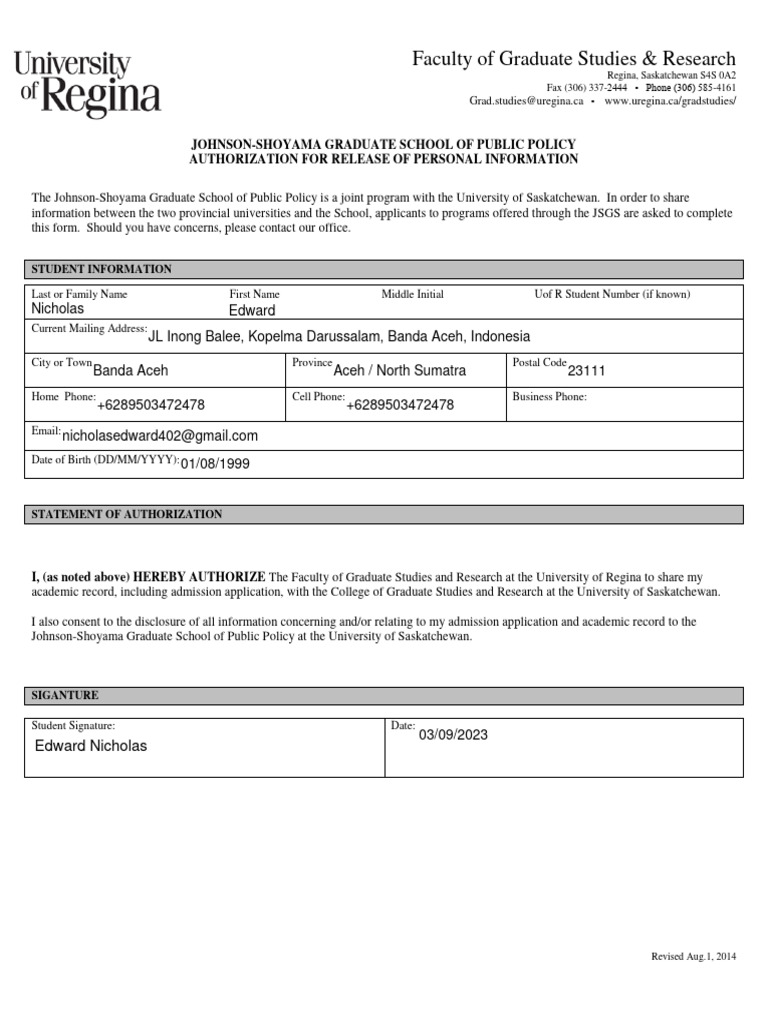 JSGS Student Release of Information FORM | PDF