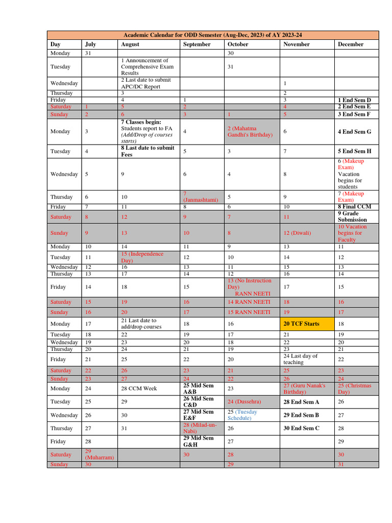 Academic Calendar For Odd Semester AY 2023-24 | Download Free PDF ...