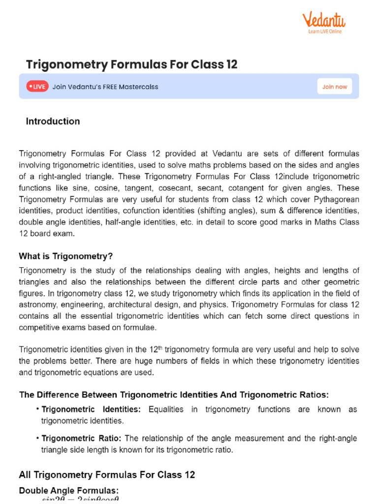 Trigonometry Formulas For Class 12 | PDF