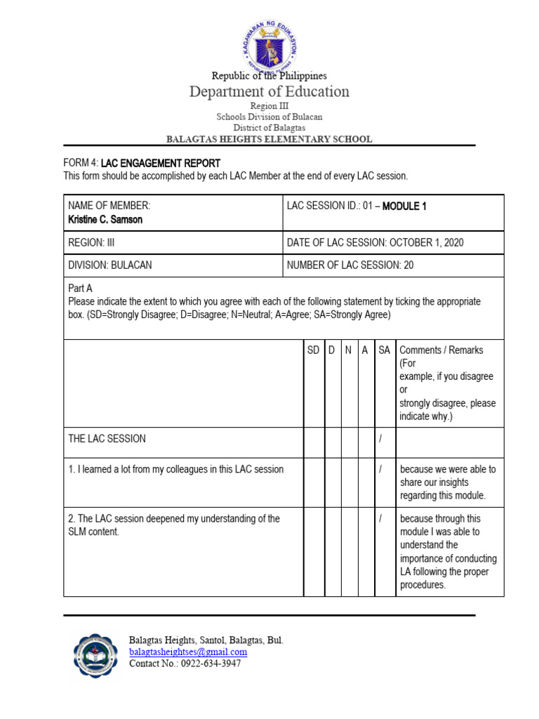 BHES LAC Form 4 Engagement Report | PDF | Education Theory | Communication