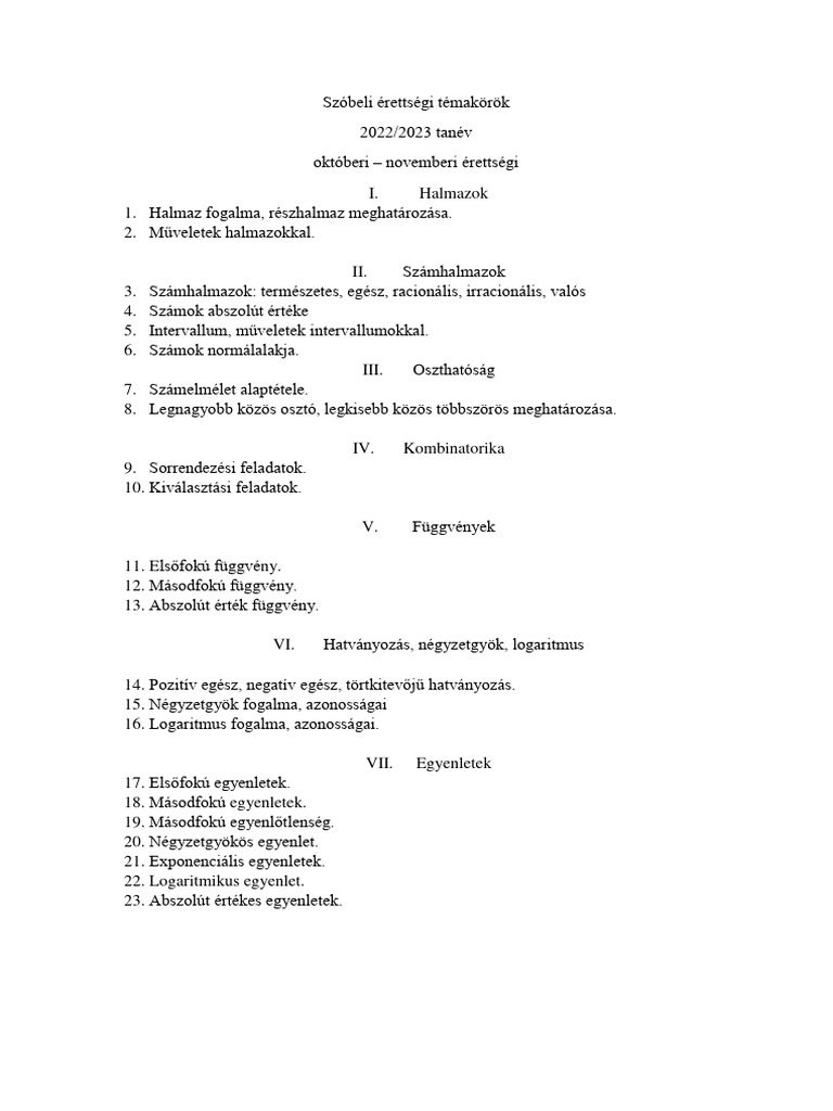 Matematika Erettsegi Temakorok | PDF
