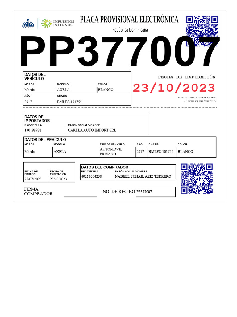 AXELA JULIOOFV - Impresión-Reimpresion Placa Provisional (Placa - PP377007) | PDF