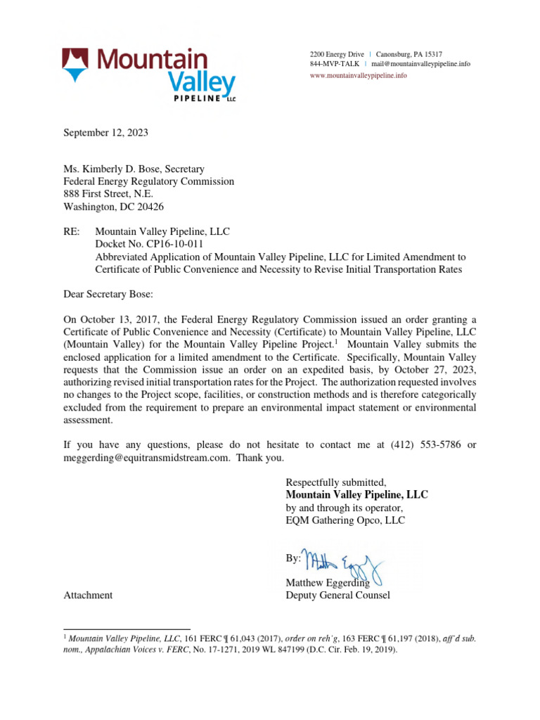MVP Rates Letter 9.12.23 | PDF | Federal Energy Regulatory Commission ...