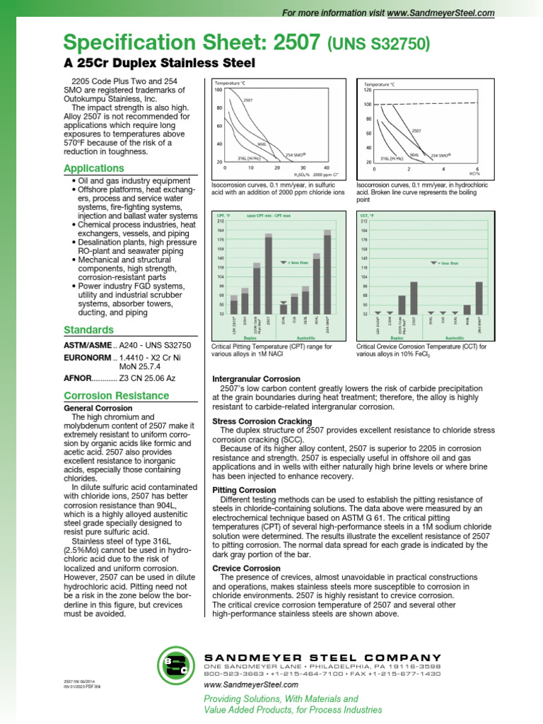2507 Spec Sheet | PDF | Stainless Steel | Corrosion