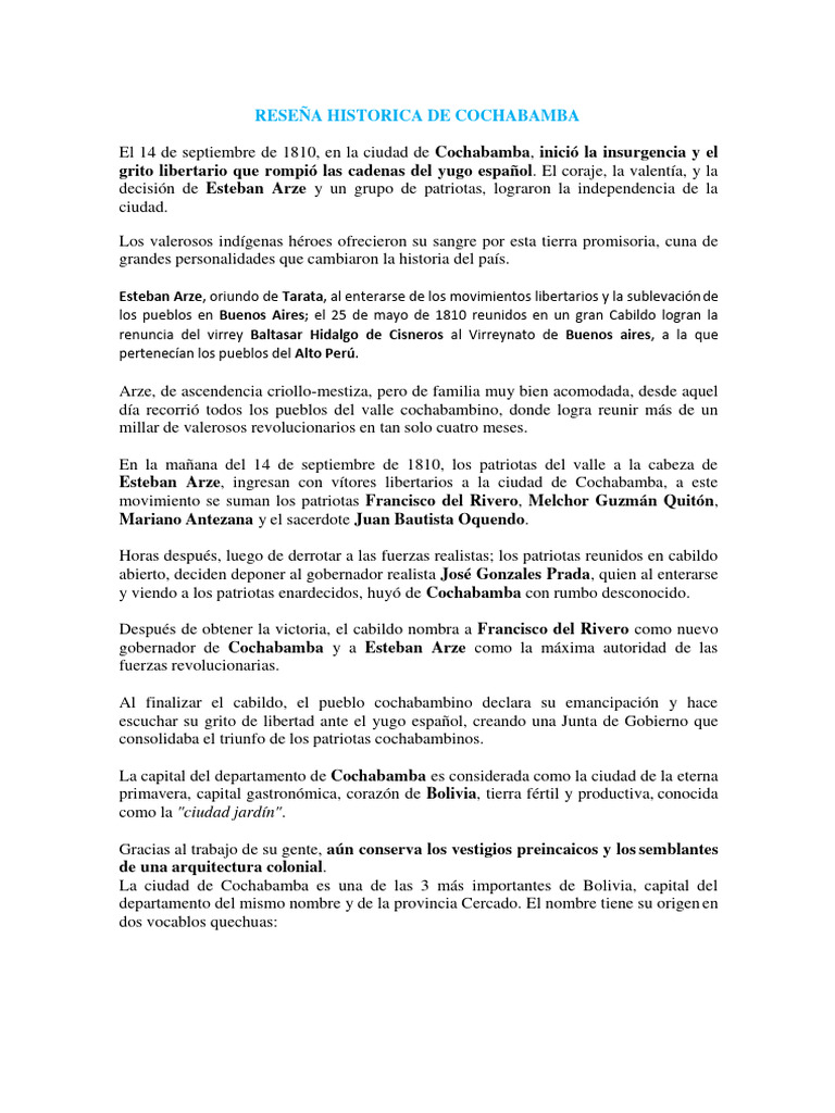 Reseña Historica de Cochabamba | PDF | Alimentos | Cocina
