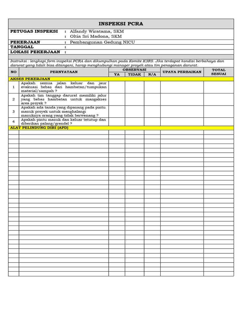 Form Inspeksi Pcra | PDF
