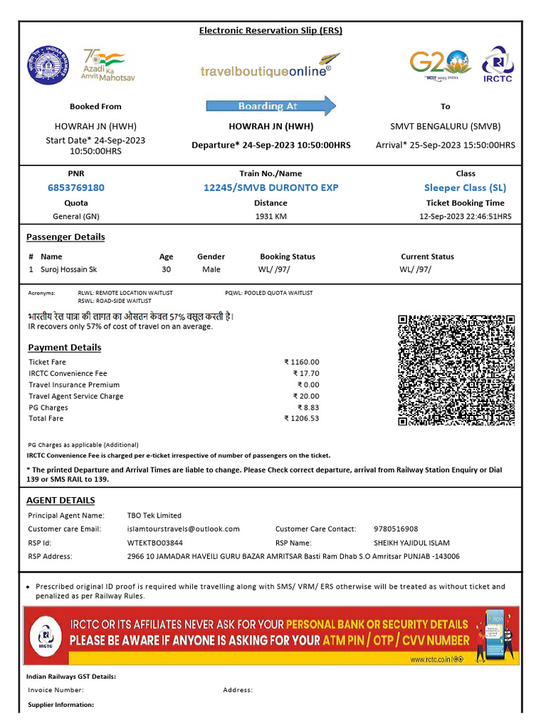 12245/Smvb Duronto Exp Sleeper Class (SL) | PDF | Identity Document