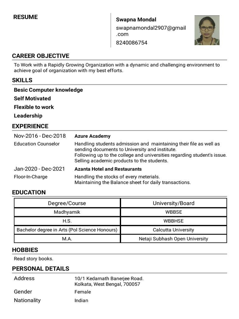 Resume Swapna Mondal Format1 | PDF