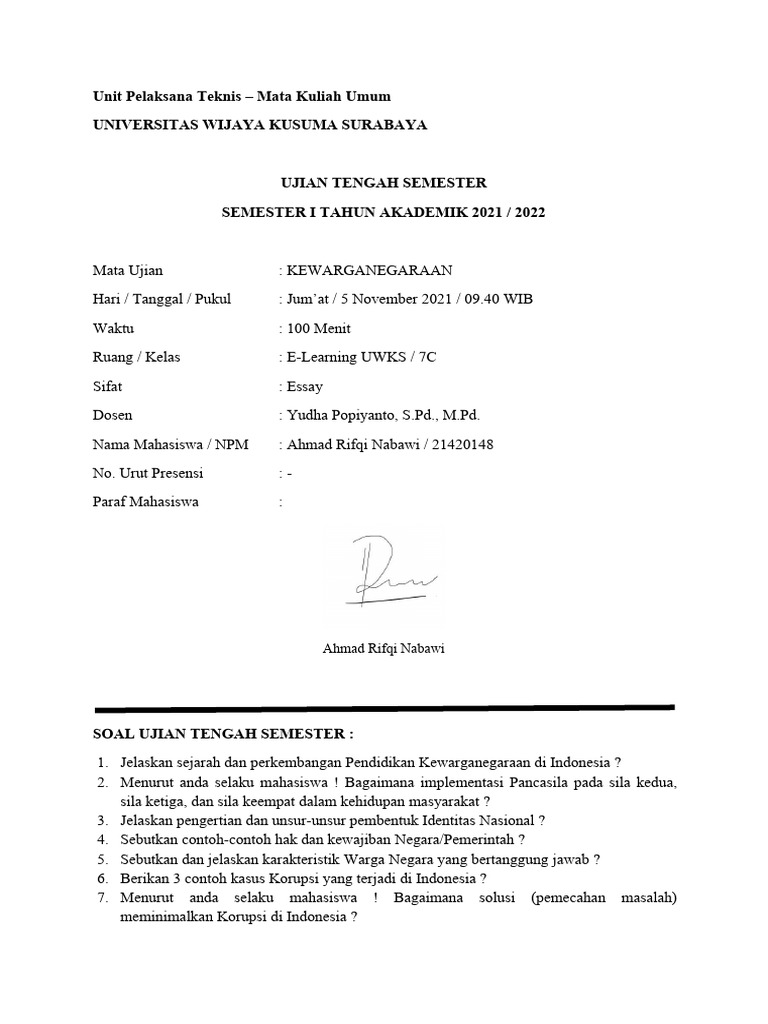 UTS - Kewarganegaraan - 7C - Ahmad Rifqi Nabawi - 21420148 | PDF