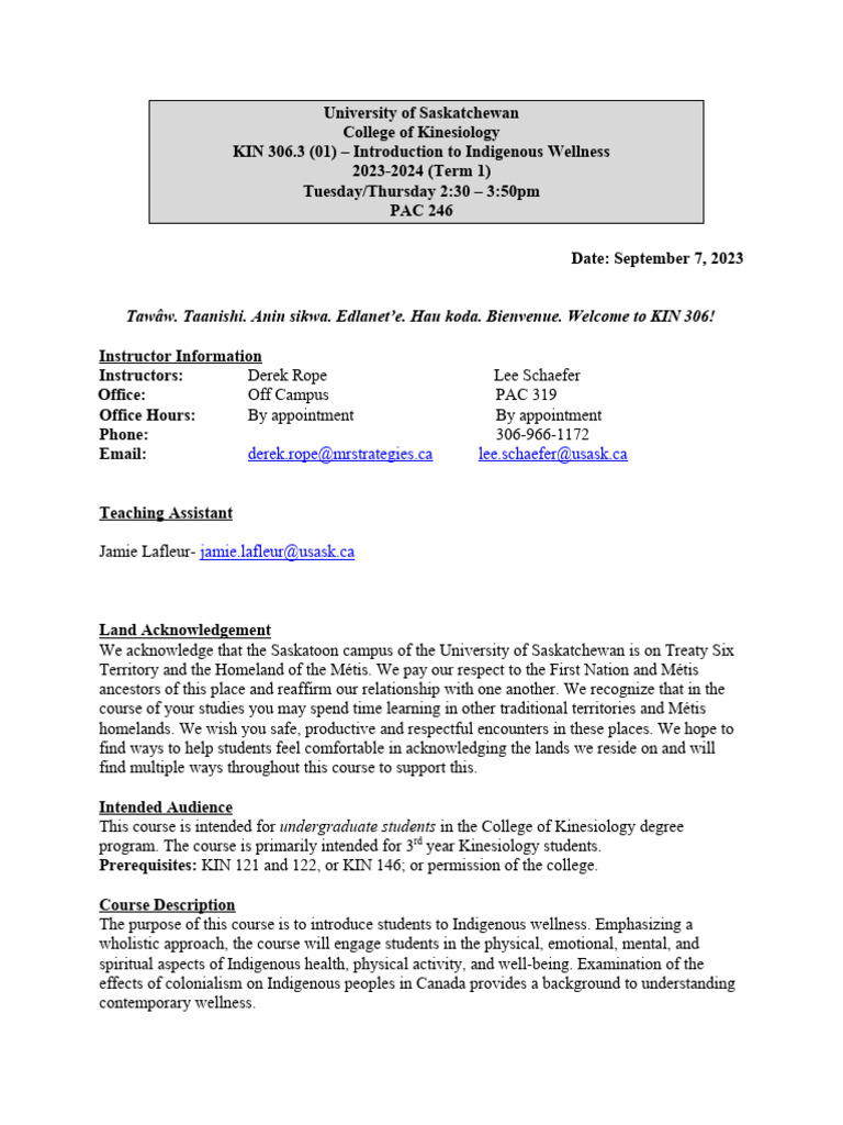 KIN 306 Course Syllabus 2023-2024 Term 1 | PDF | Copyright | Academic ...