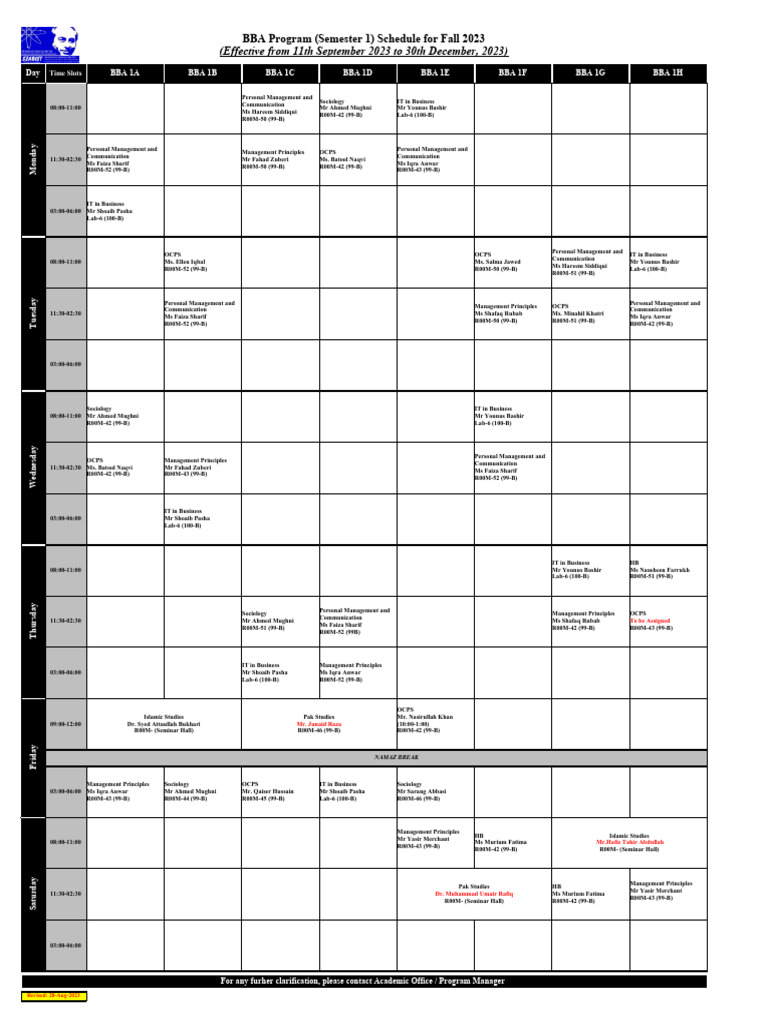 BBA Program Classes Schedule For Fall 2023 | PDF | Business | Economies