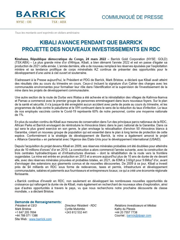 Barrick Investit dans Kibali en RDC | PDF | Risque | Pandémie