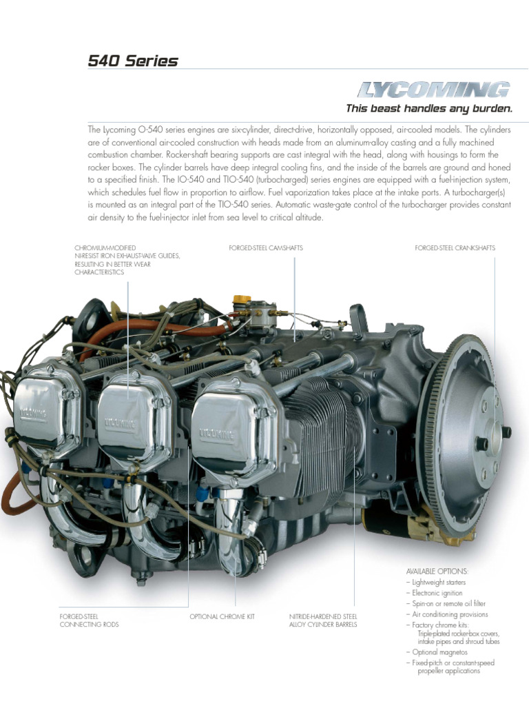 Lycoming O-540 and IO-540 Engine Specs | PDF | Engines | Cylinder (Engine)
