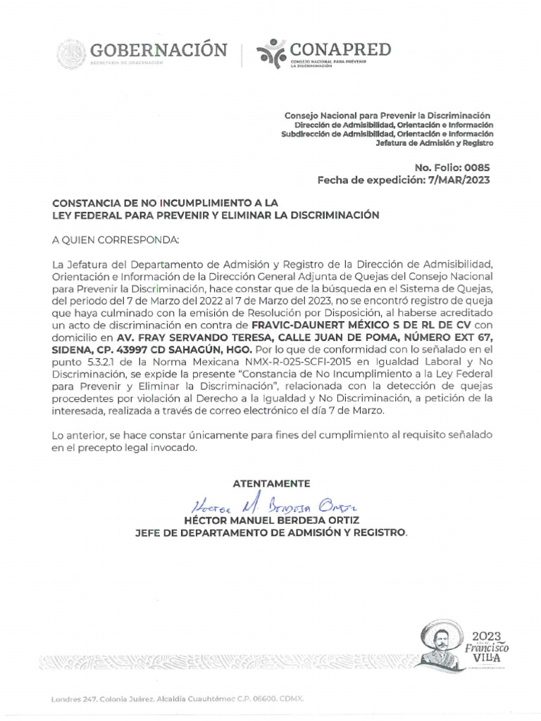 4.CONSTANCIA DE CONAPRED Fravic-Daunert | PDF