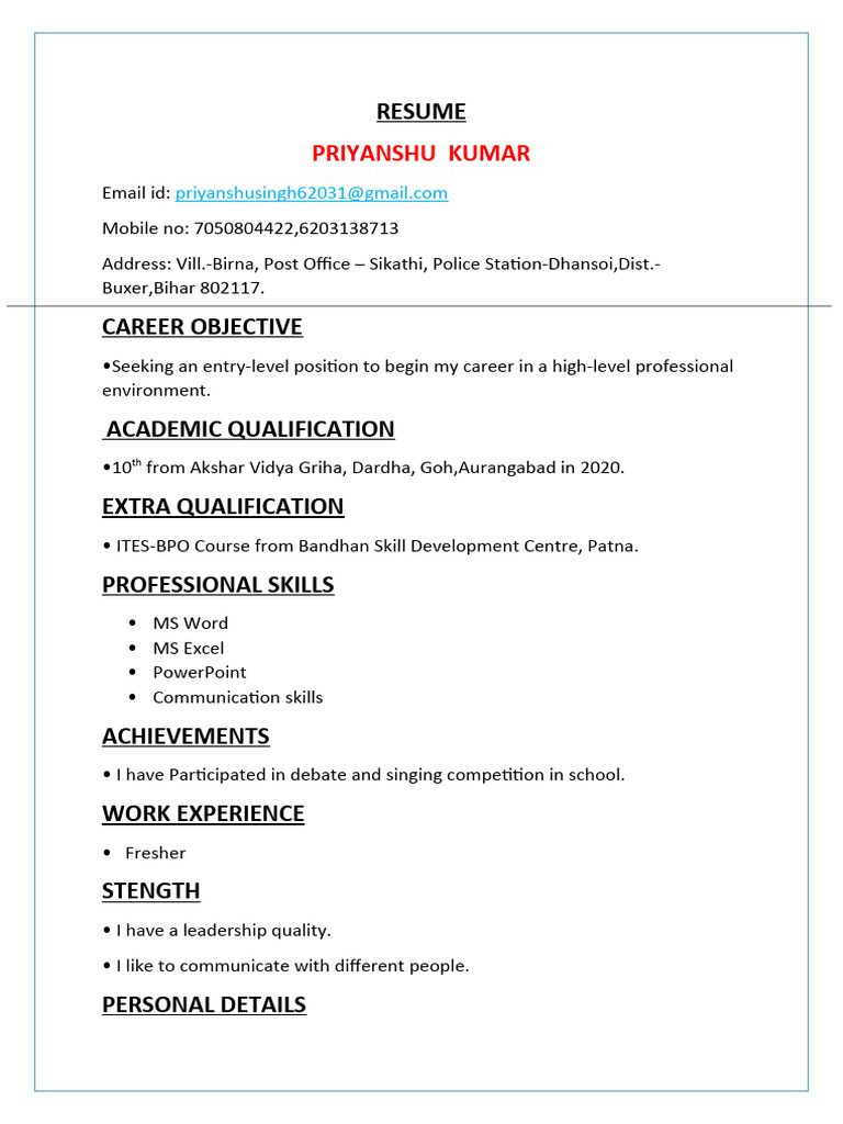Entry-Level Resume: Priyanshu Kumar | PDF | Career & Growth | Wellness