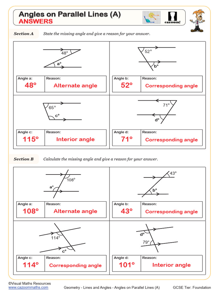 Cazoom Maths. Lines and Angles. Angles on Parallel Lines (A). Answers ...