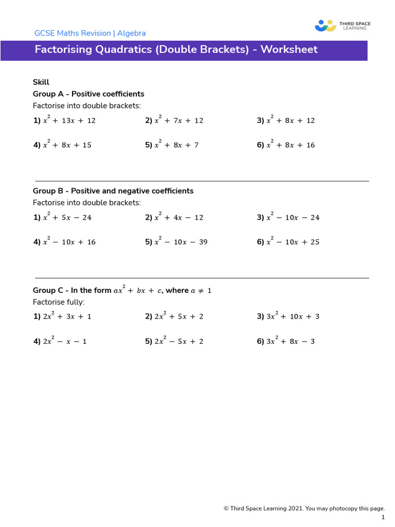 Factorising Quadratics Worksheet | PDF | Area | Quadratic Equation