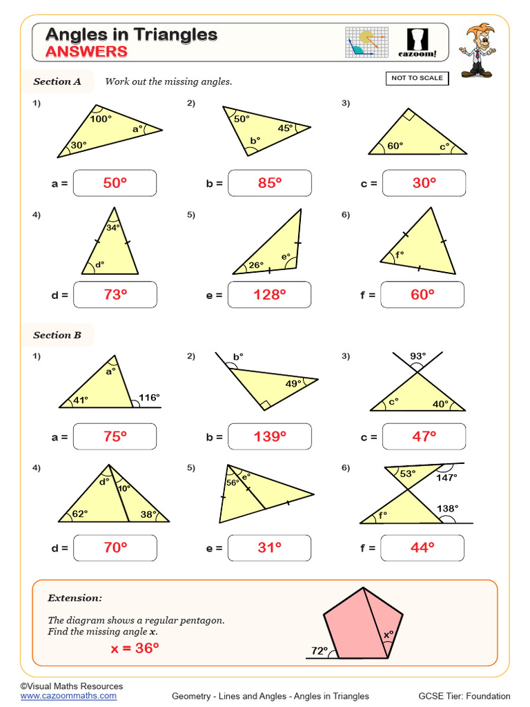 Cazoom Maths. Lines and Angles. Angles in Triangles. Answers | PDF