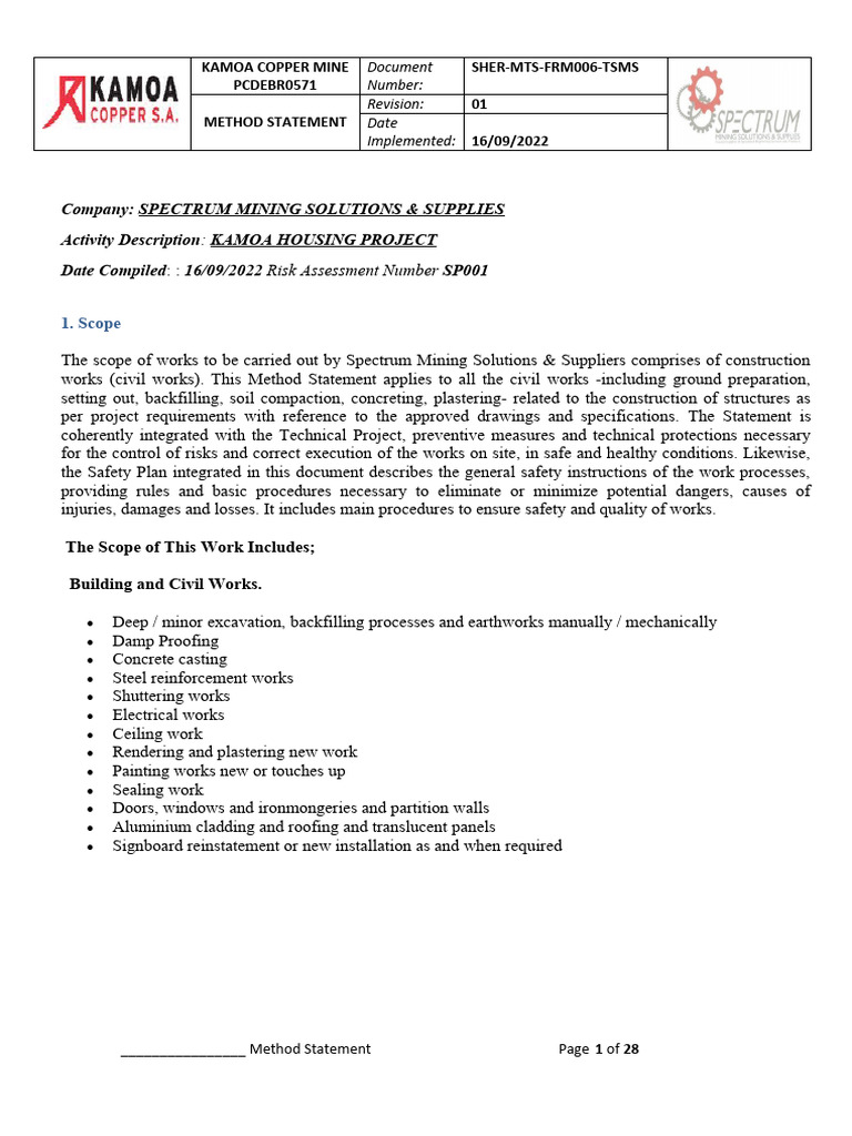 Kamoa Housing Project Method Statement | PDF | Personal Protective ...
