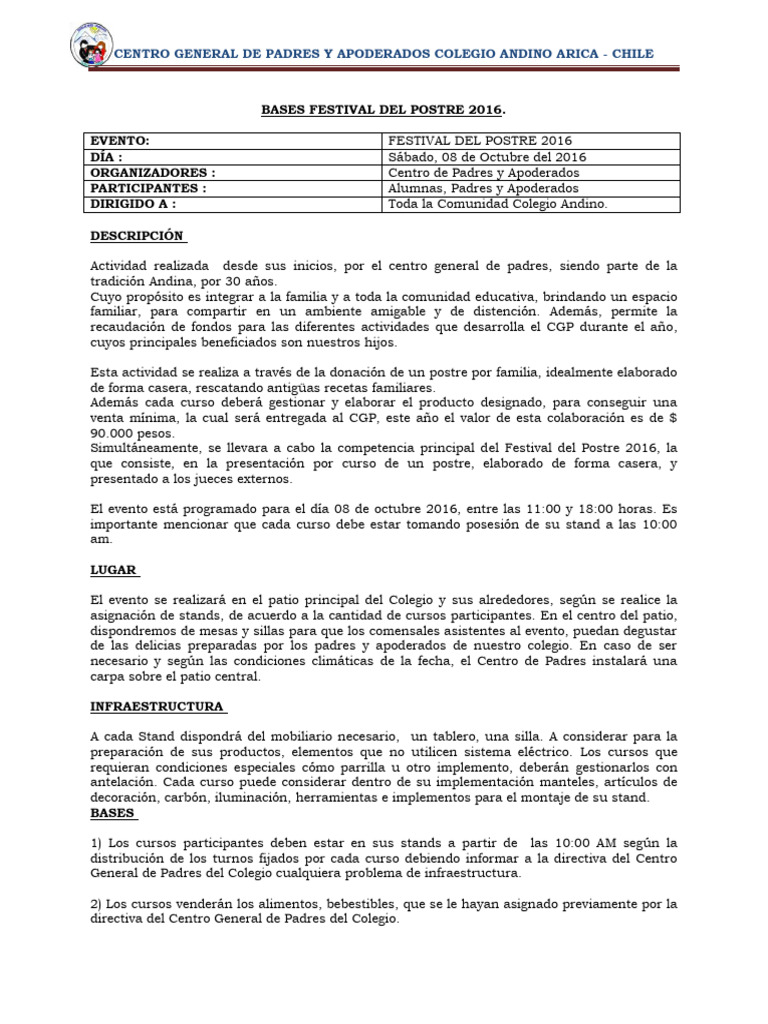 Bases Festival de Postre 2016 | PDF | Postres | Alimentos