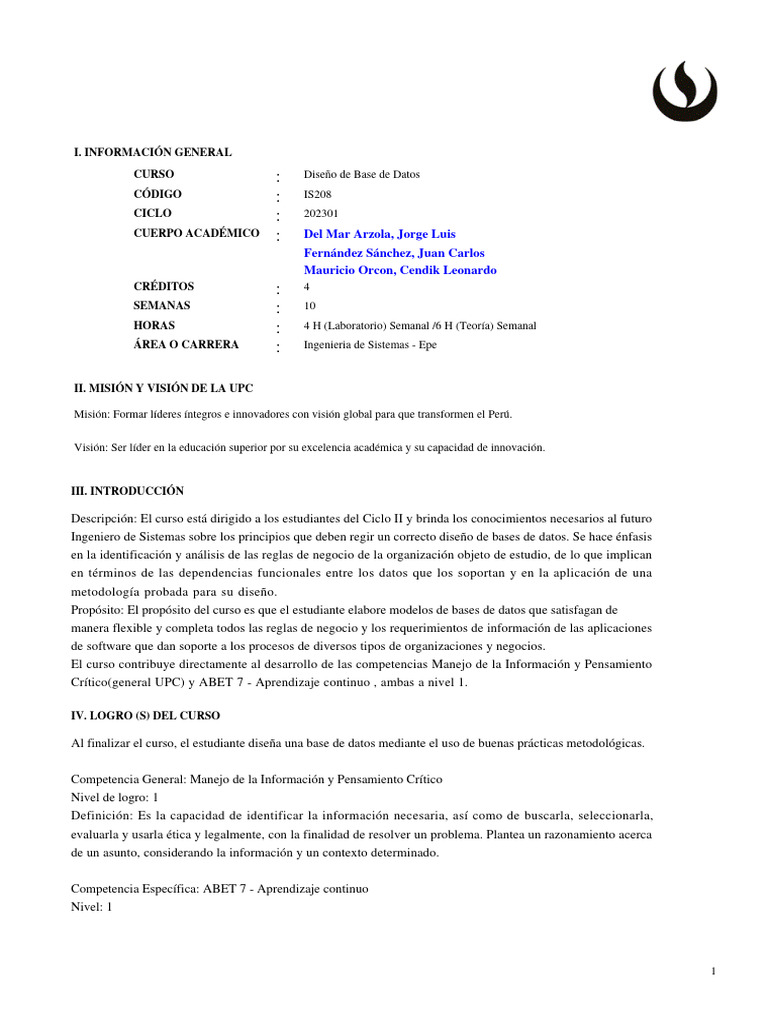 IS208 Diseño de Base de Datos 2023 PDF | PDF | Bases de datos | Aprendizaje